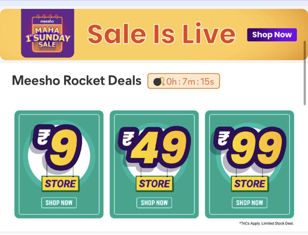 Meesho Rocket Deals Loot: Get Products at ₹9 Only | 1st Sunday Maha Sale Meesho Rocket Deals Loot: Get Products at ₹9 Only | 1st Sunday Maha Sale